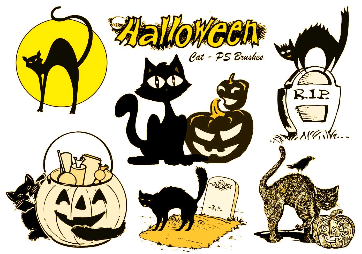 Digital Prints Art & Collectibles 11 Black cat stamp Photoshop brushes ...